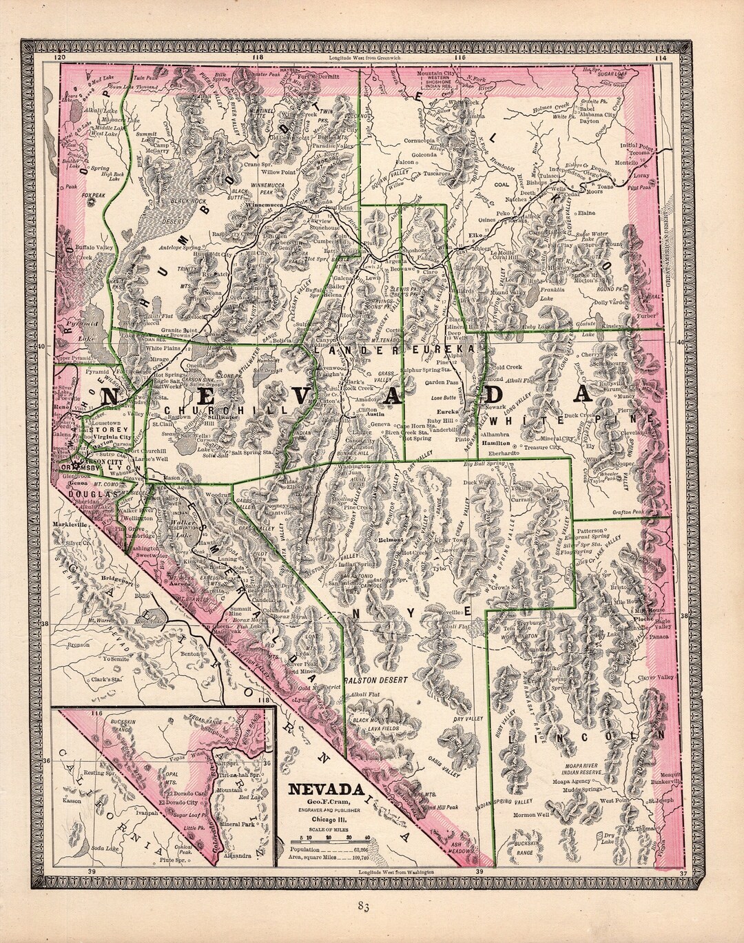 1885 Antique Nevada State Map George Cram Atlas Map of Nevada Gallery ...