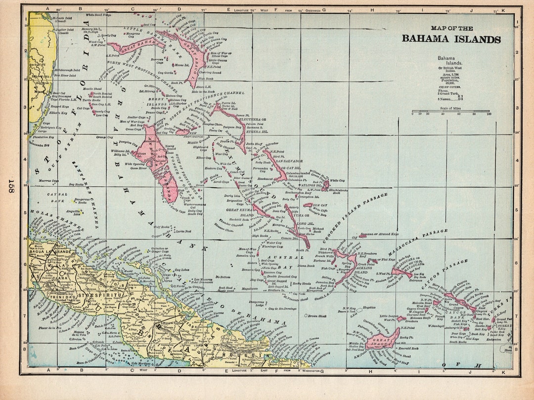 1899 Antique BAHAMAS Map the Bahama Islands Map George Cram Atlas Map ...