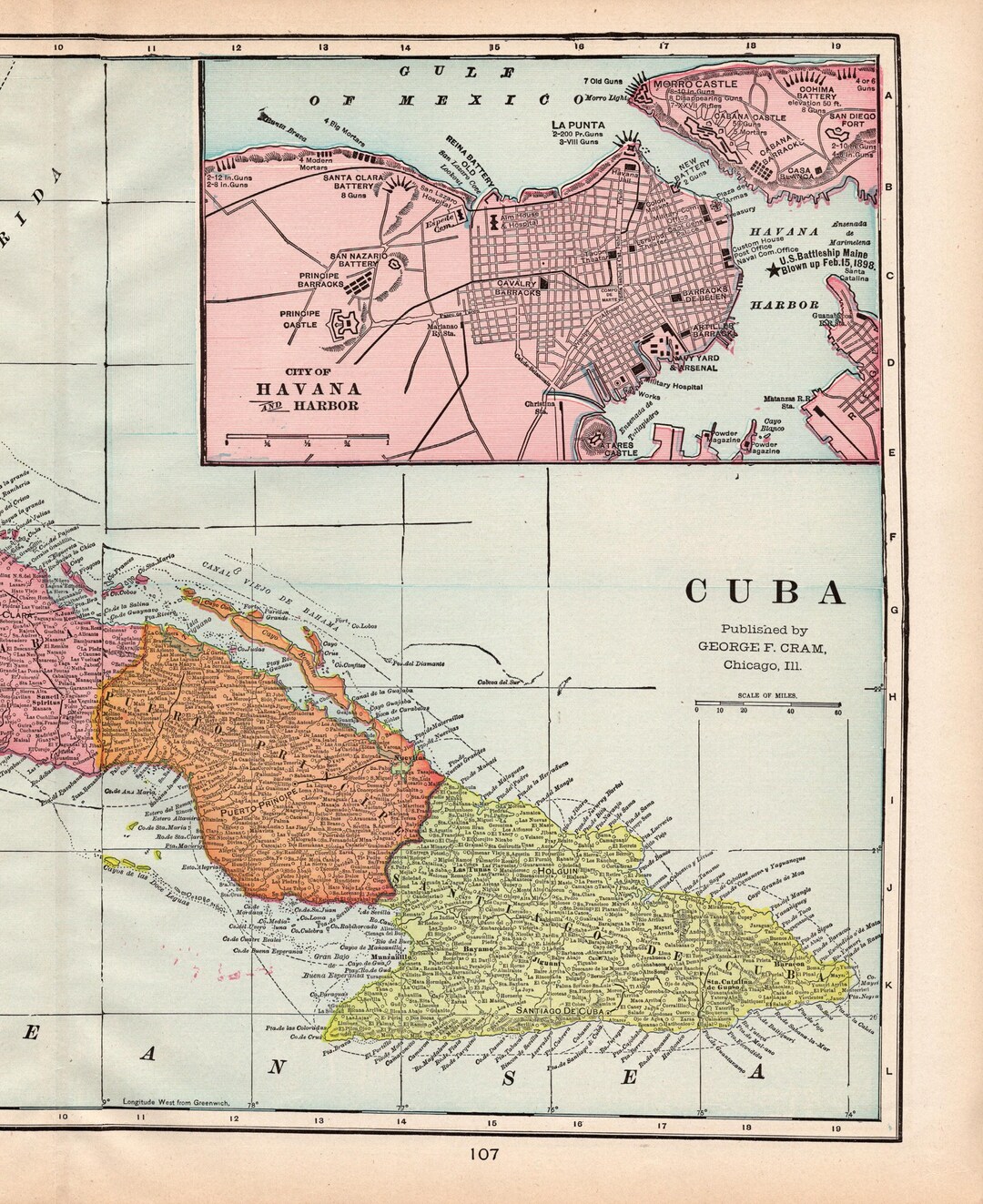 1903 Antique CUBA Map Large Map of Cuba and HAVANA George Cram Atlas ...