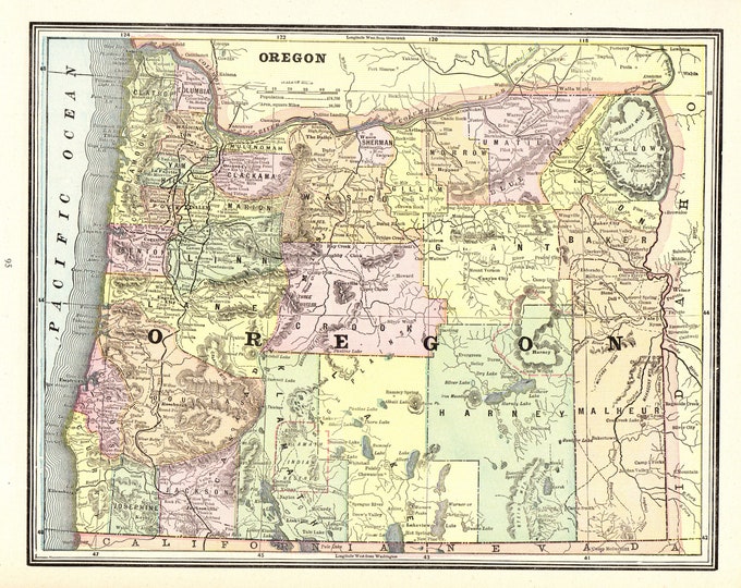 1891 Antique OREGON State Map Vintage Map of Oregon Gallery Wall Art ...