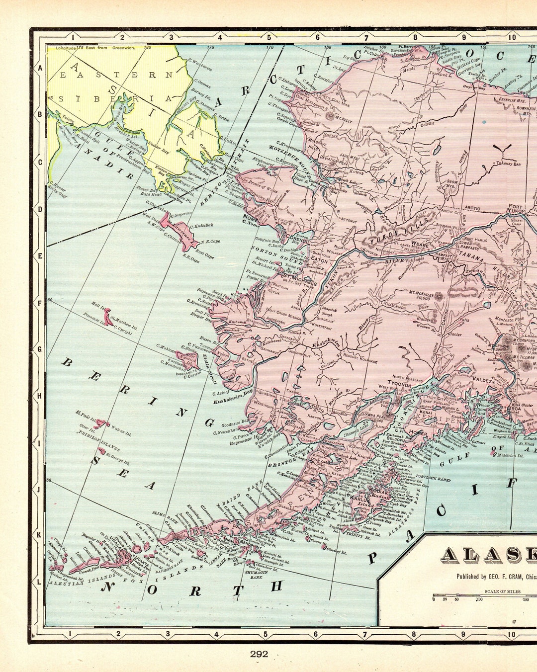 Large Antique Alaska Map 1902 Vintage George Cram Map of Alaska ...