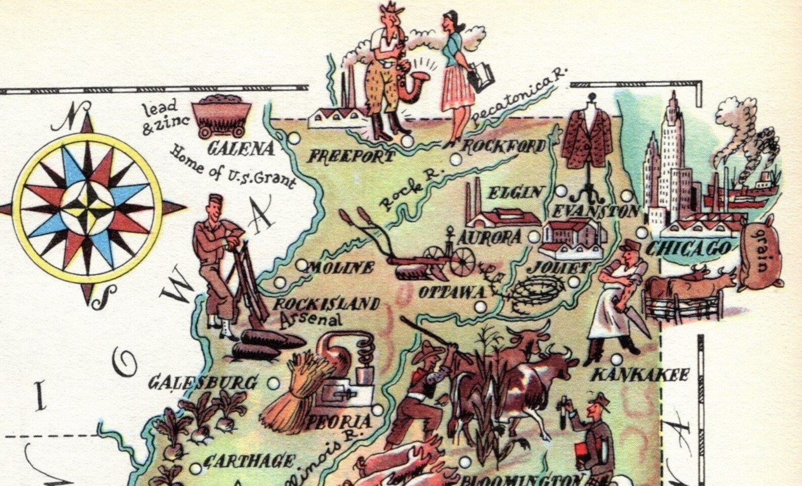 1940s Vintage Illinois State Picture Map Wall Art Decor Map of Illinois ...