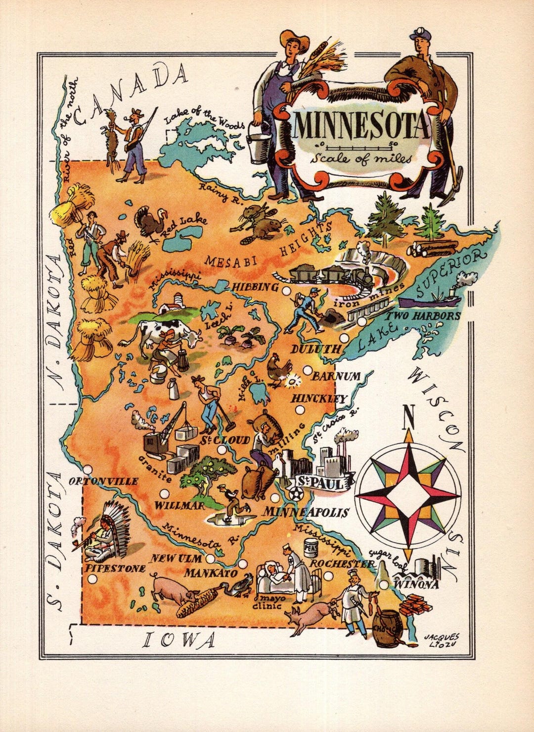 1950s Vintage MINNESOTA State Picture Map Animated Cartoon Map of ...