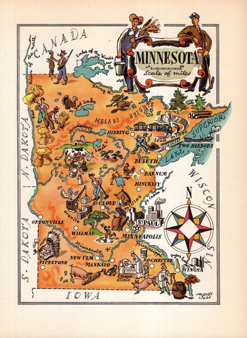 1950s Vintage MINNESOTA State Picture Map Animated Cartoon Map of ...