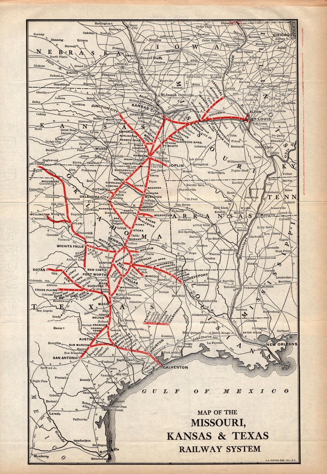 1912 Antique MKT Railway Railroad Map Missouri Kansas Texas Lines ...