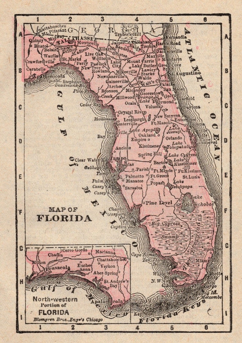 1888 Tiny FLORIDA State Map Antique Miniature Map of Florida - Etsy
