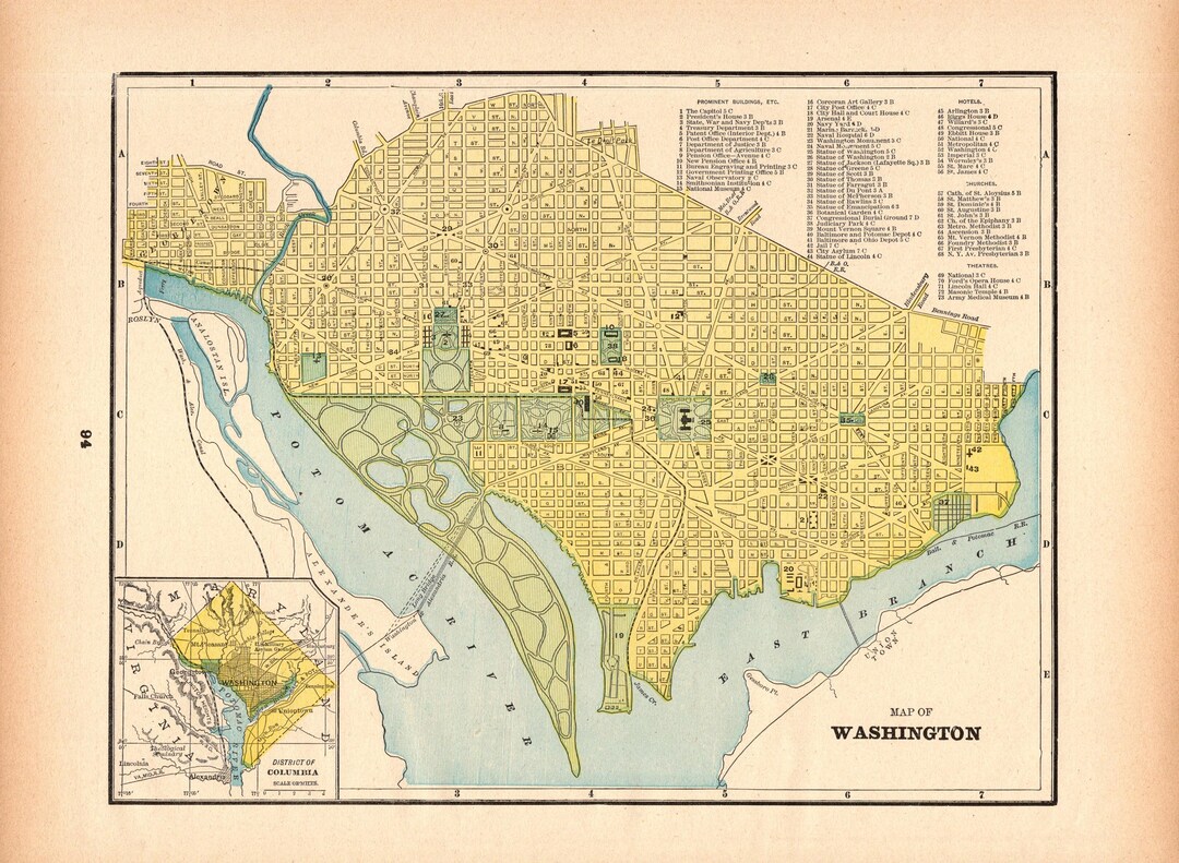 1894 Antique WASHINGTON DC Street Map George Cram Atlas City Map of ...