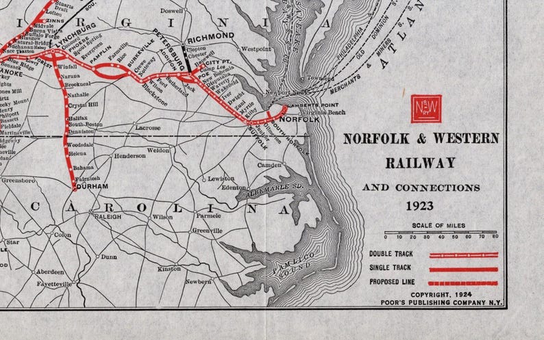 1923 Antique Norfolk and Western Railway System Map Norfolk and Western ...