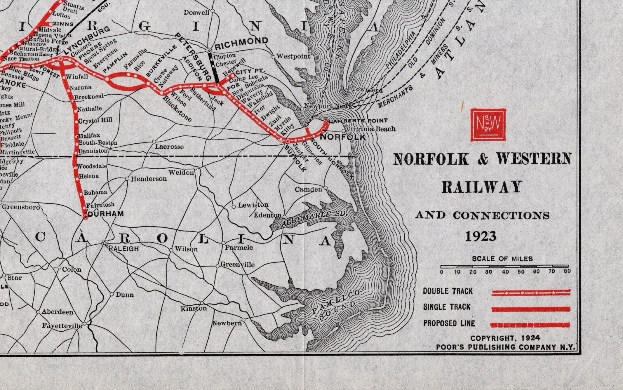 1923 Antique Norfolk and Western Railway System Map Norfolk and Western ...