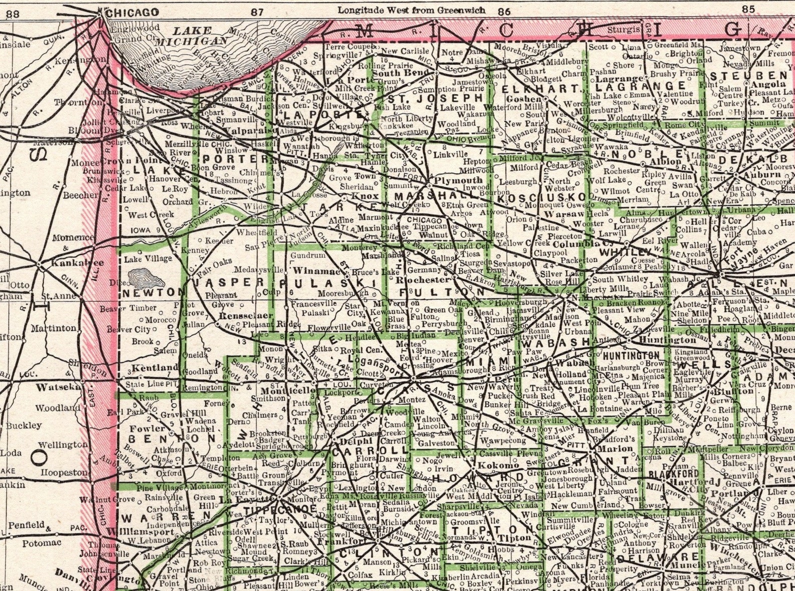 1888 Antique Indiana State Map George Cram Atlas Map of Indiana Gallery ...