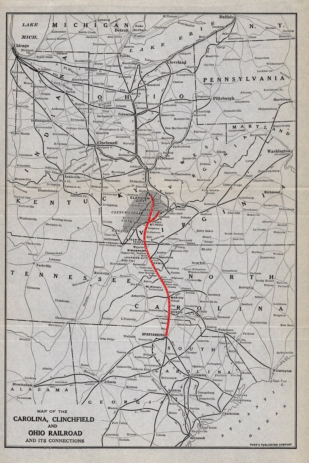 1920 Antique Carolina Clinchfield and Ohio Railroad Map Railway Map ...