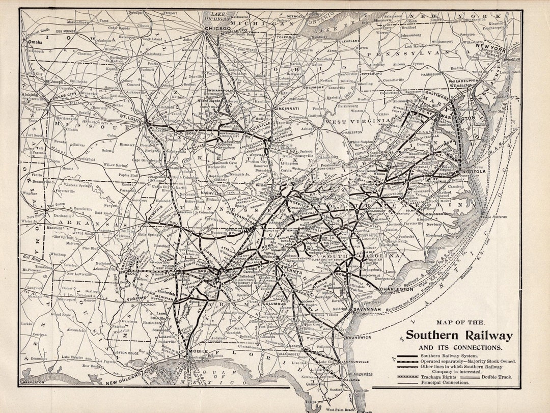 1913 Antique SOUTHERN RAILWAY Map Vintage Southern Railroad Map ...