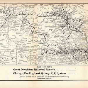 1908 Antique GREAT NORTHERN Railroad Map Chicago Burlington Quincy ...