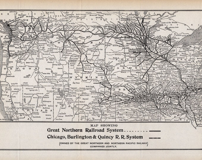 1914 Antique GREAT NORTHERN Railroad Map Chicago Burlington Quincy ...