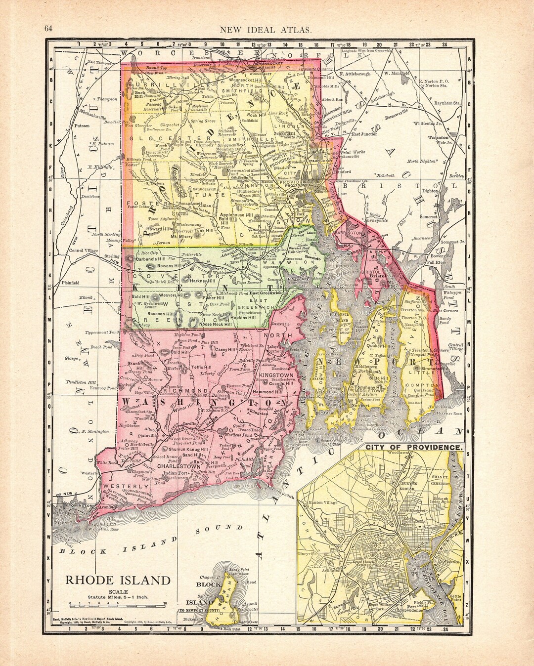 1910 Antique RHODE ISLAND Map Vintage State Map of Rhode Island Gallery ...