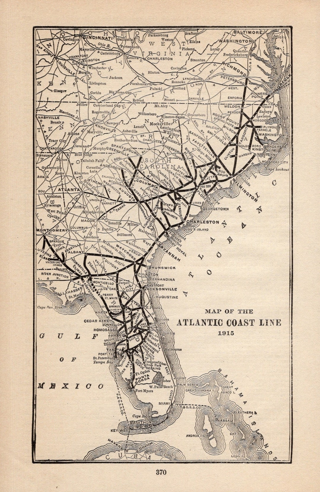 1915 Antique ATLANTIC COAST Line Railroad Map Vintage Railway Map ...