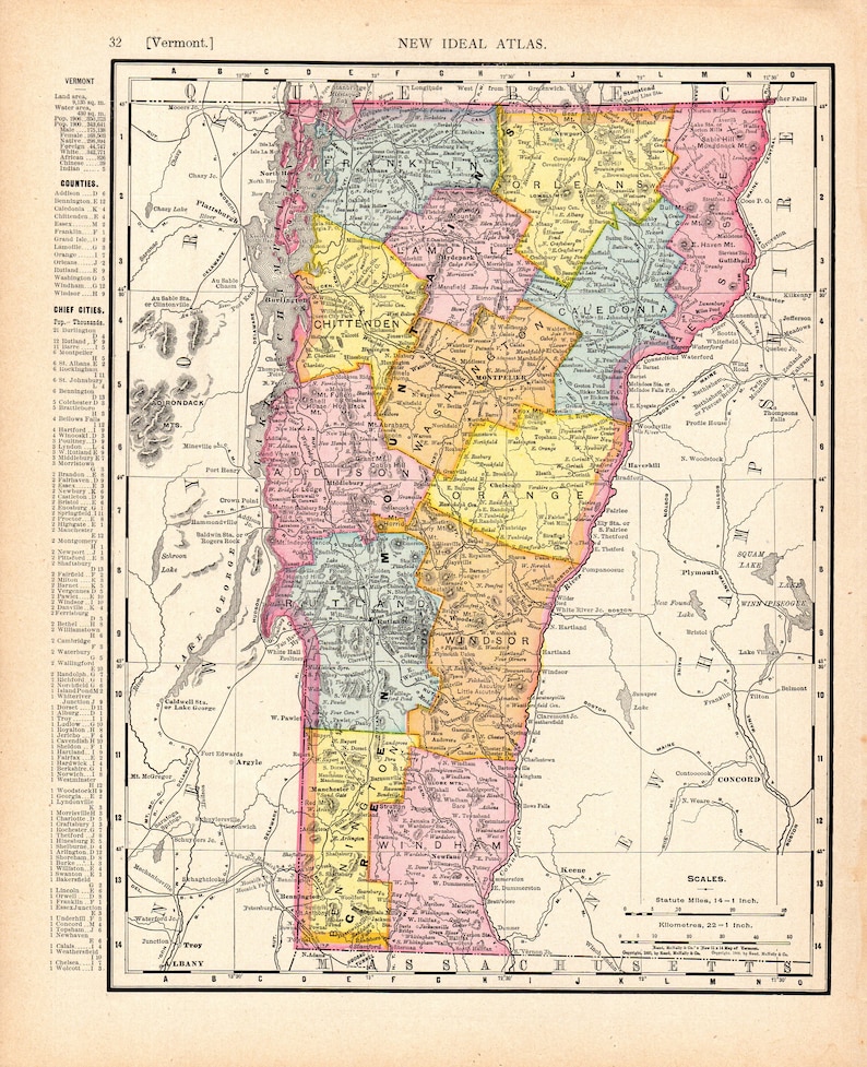 1911 Vintage Map of Vermont Antique VERMONT State Map Gallery | Etsy