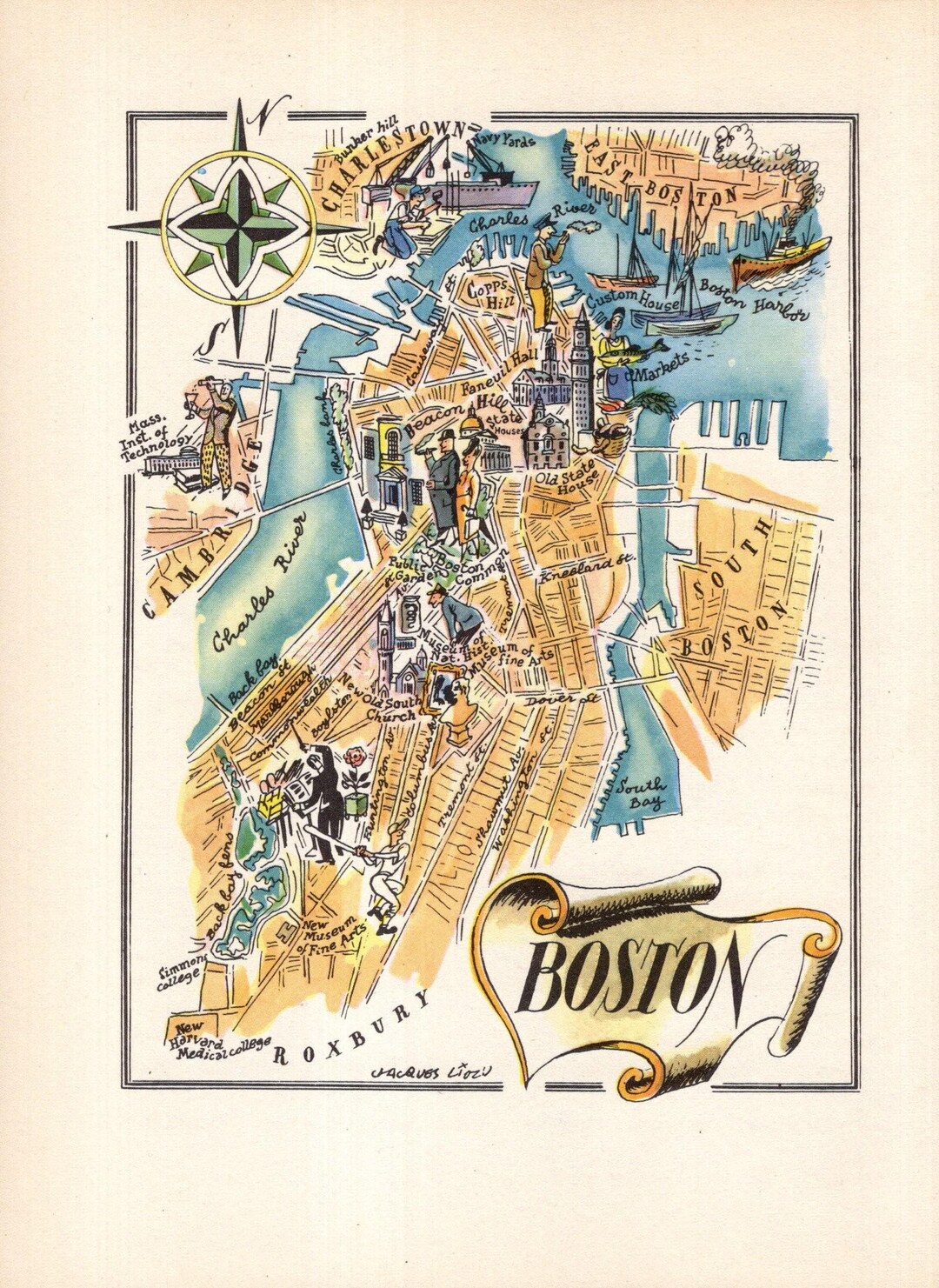 1950s Animated BOSTON Picture Map of Boston Gallery Wall Decor Jacques ...
