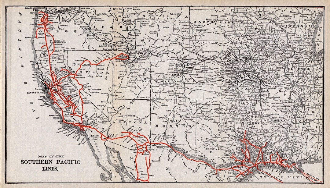 1914 Antique Southern Pacific Railroad System Map Southern Pacific ...