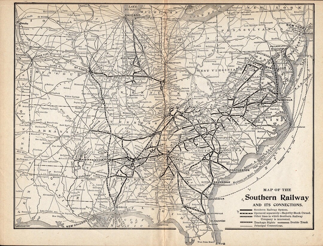 1910 Antique SOUTHERN RAILWAY Map Vintage Southern Railroad Map ...
