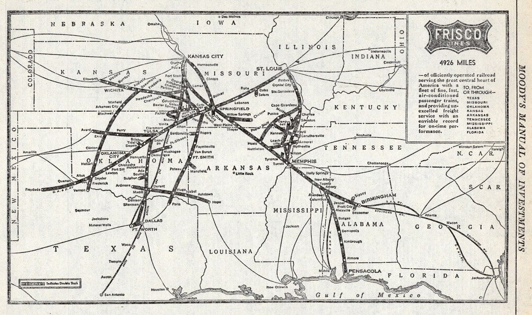 1949 Antique Frisco Lines Railway System Map Southern Railway Map ...