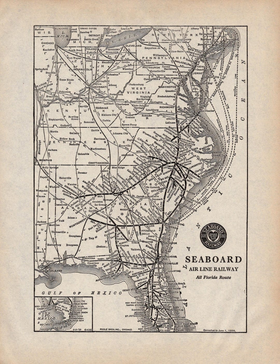 1929 Antique Seaboard Air Line Railway Map Vintage Seaboard Railroad ...