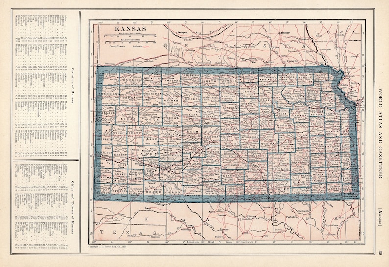 1925 Antique KANSAS State Map of Kansas Home Library Office - Etsy