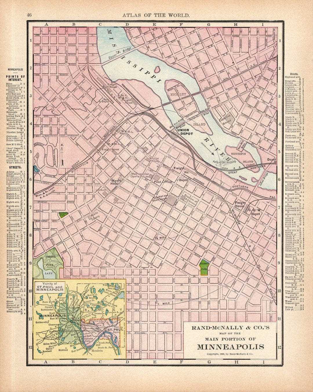 1909 Antique MINNEAPOLIS Street Map of Minneapolis City Map Gallery ...