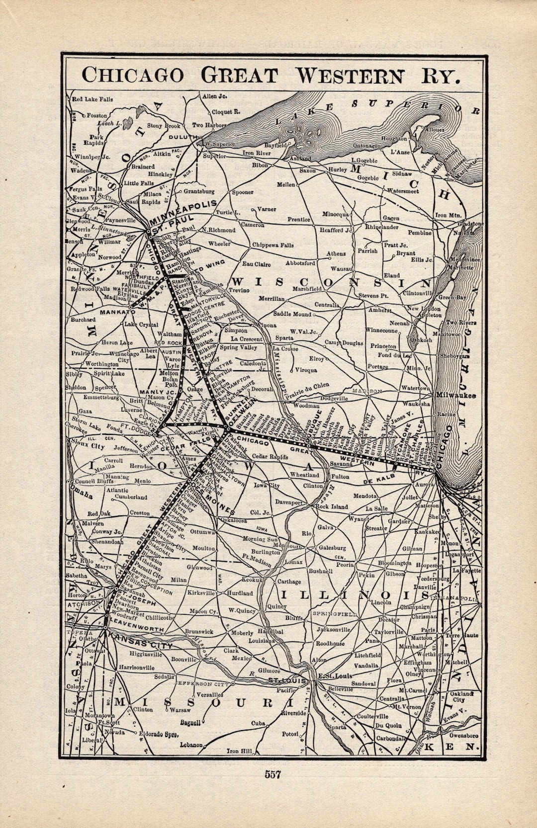 1901 Antique Chicago Great Western Railway Map Vintage Railroad Map ...