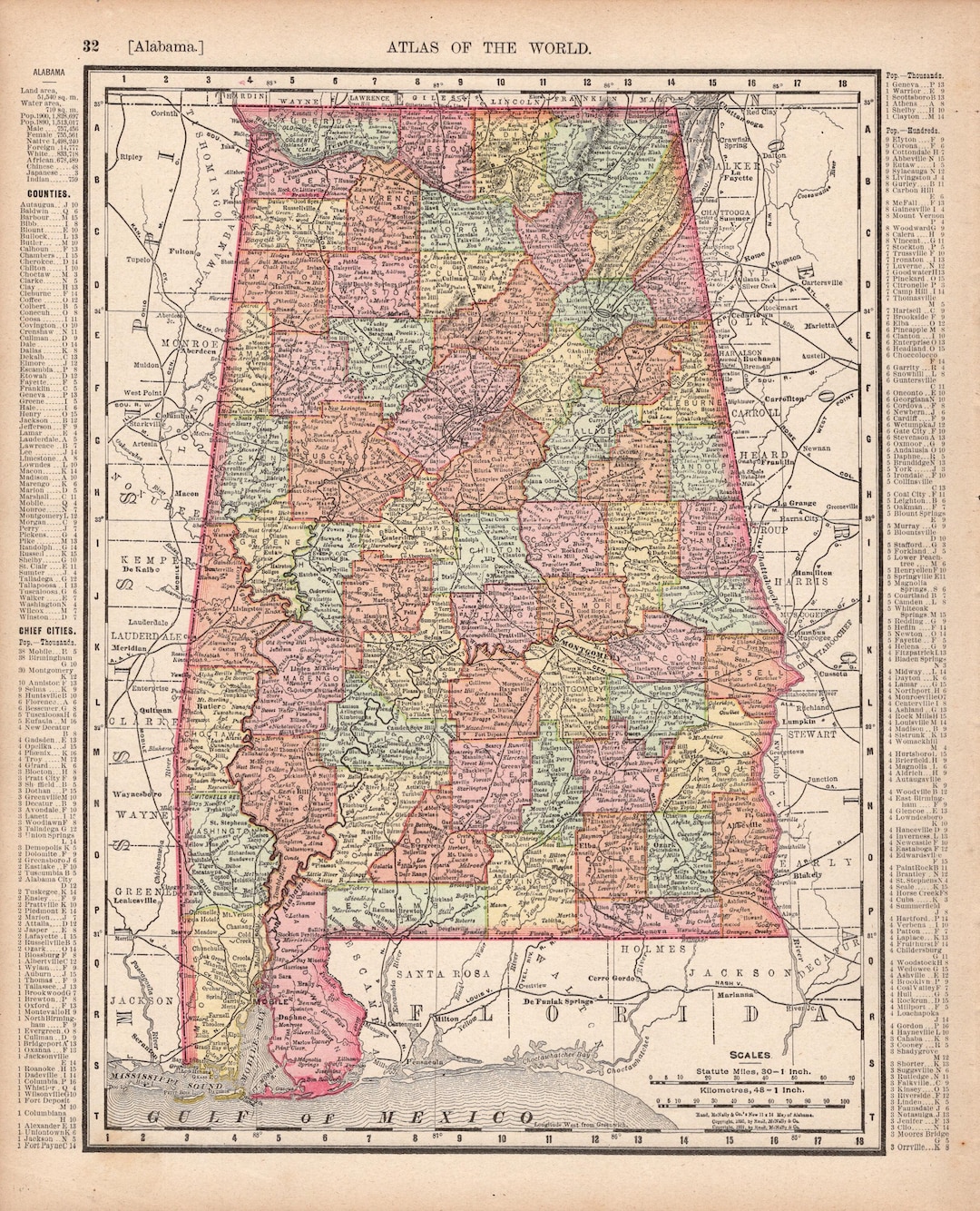 1901 Antique ALABAMA State Map Vintage Atlas Map of Alabama Gallery ...