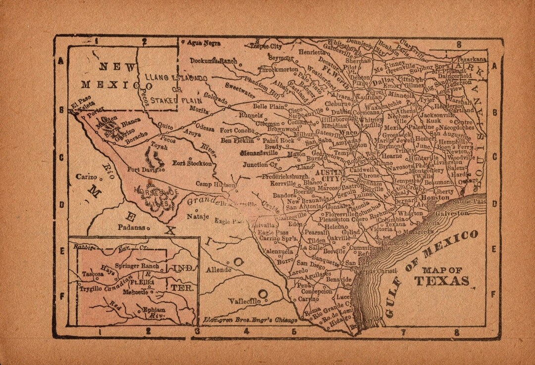 1888 Tiny TEXAS State Map Antique Miniature Size Map of Texas Gallery ...