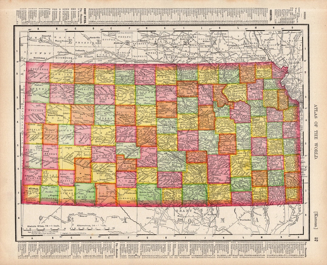 1907 Vintage KANSAS State Map Antique Map of Kansas Gallery Wall Decor ...