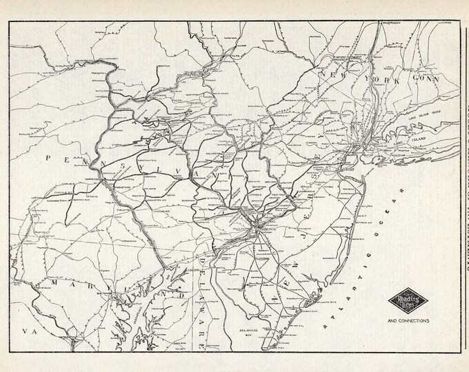 1928 Antique Reading Railroad Map Vintage Railway Map Black and White ...
