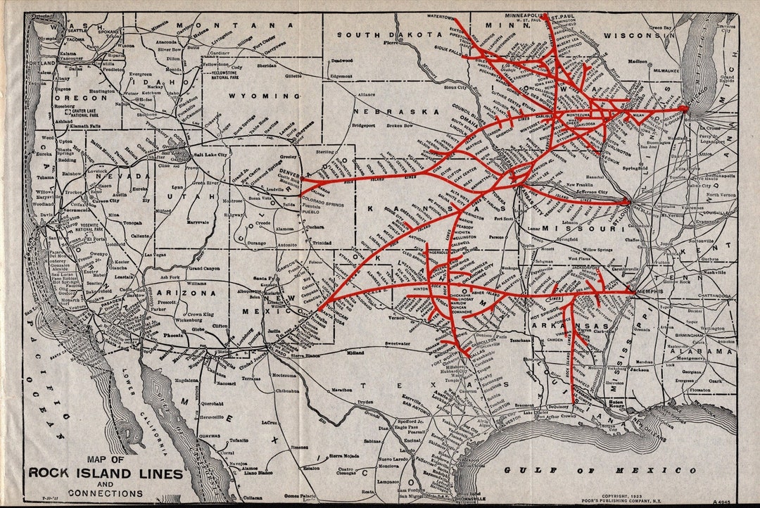 1923 Antique Rock Island Lines Railway System Map Rock Island Railroad ...