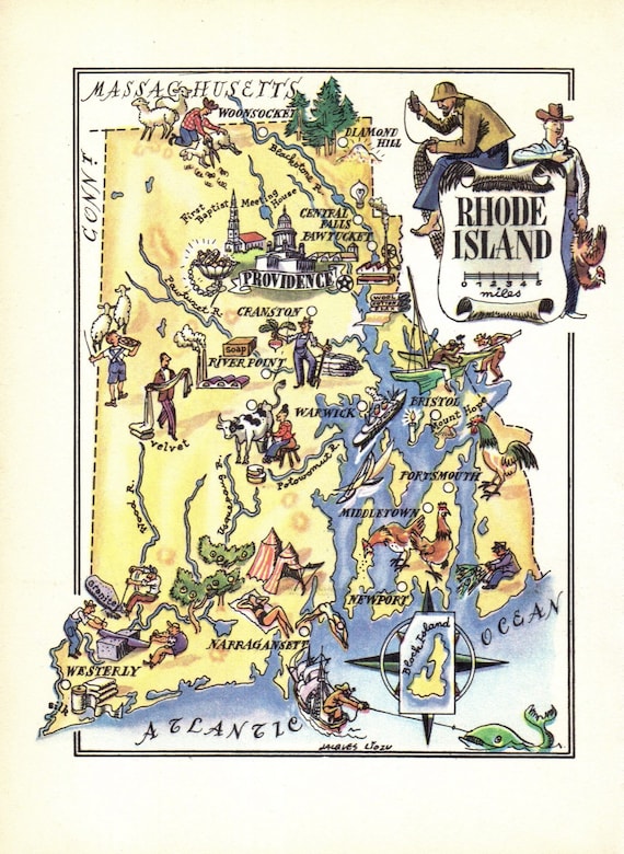 1950s Vintage RHODE ISLAND Picture Map Animated Map of Rhode - Etsy