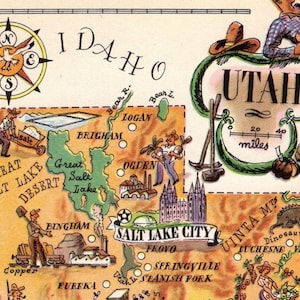 1950s Vintage UTAH Picture Map Animated Cartoon Map of Utah Gallery ...