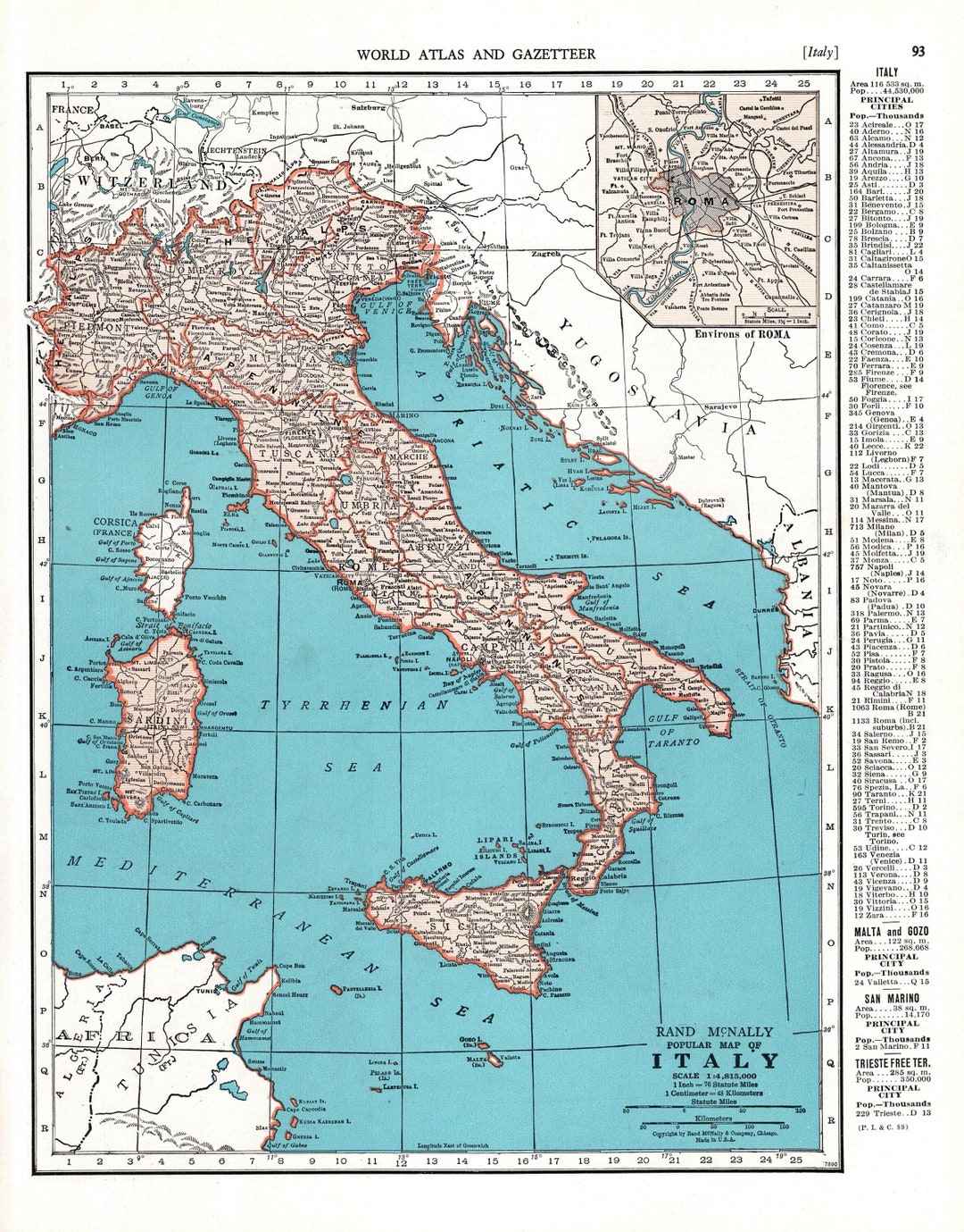 ITALY Map 1949 Vintage Map of Italy Atlas Map Gallery Wall Library ...
