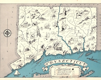 Vintage 1940's Map of Connecticut Giclee Print - Etsy