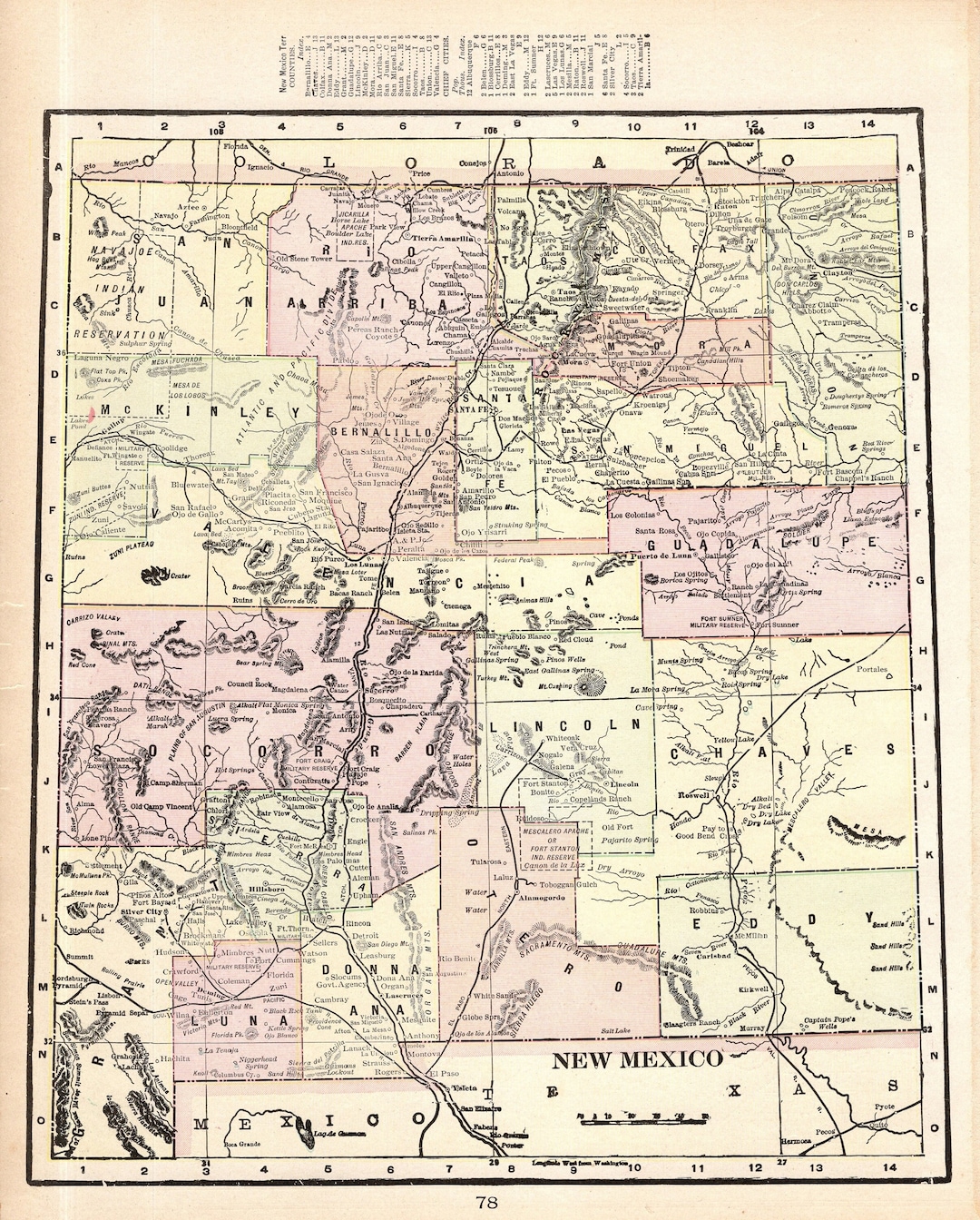 1901 Antique NEW MEXICO State Map George Cram Atlas Map of New Mexico ...