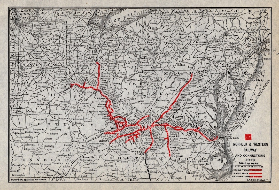 1919 Antique Norfolk and Western Railway System Map Norfolk and Western ...
