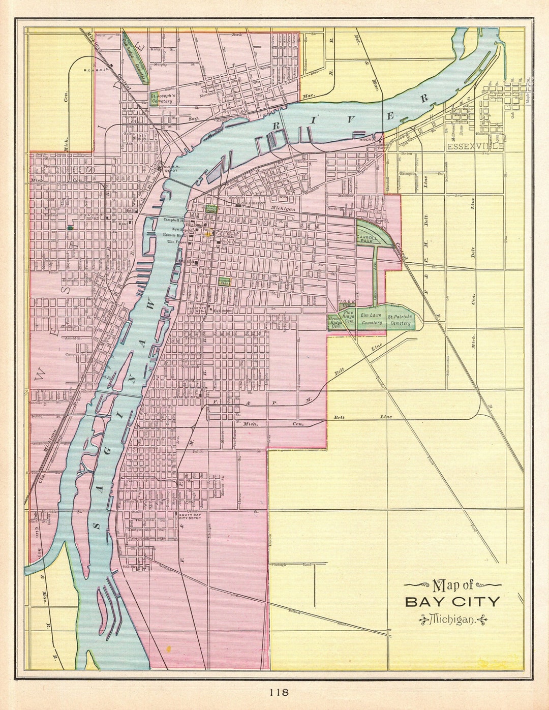 1899 Antique BAY CITY MICHIGAN Street Map George Cram Atlas Map of Bay ...