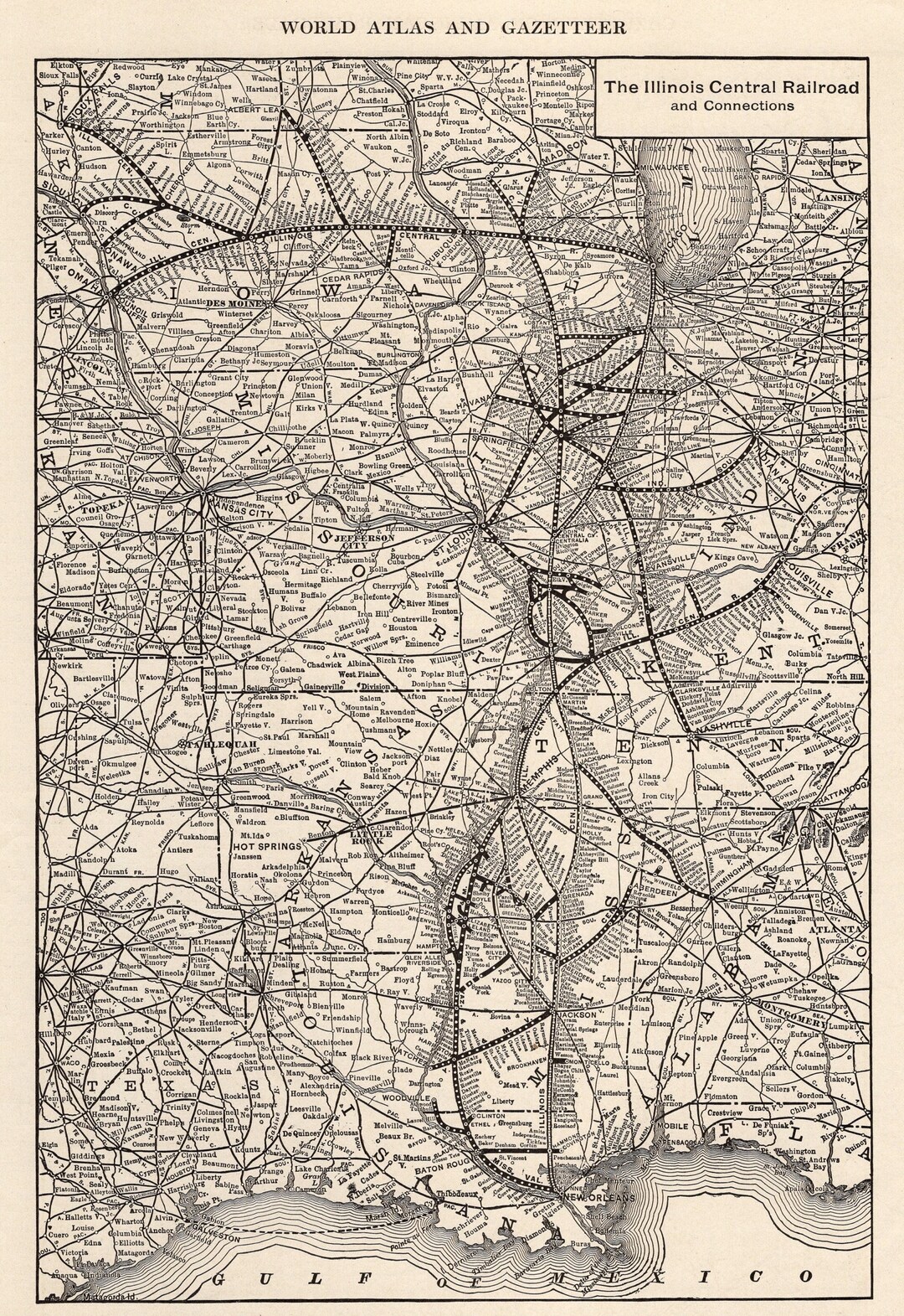 1914 Antique ILLINOIS CENTRAL RAILROAD Map Black and White Gallery Wall ...