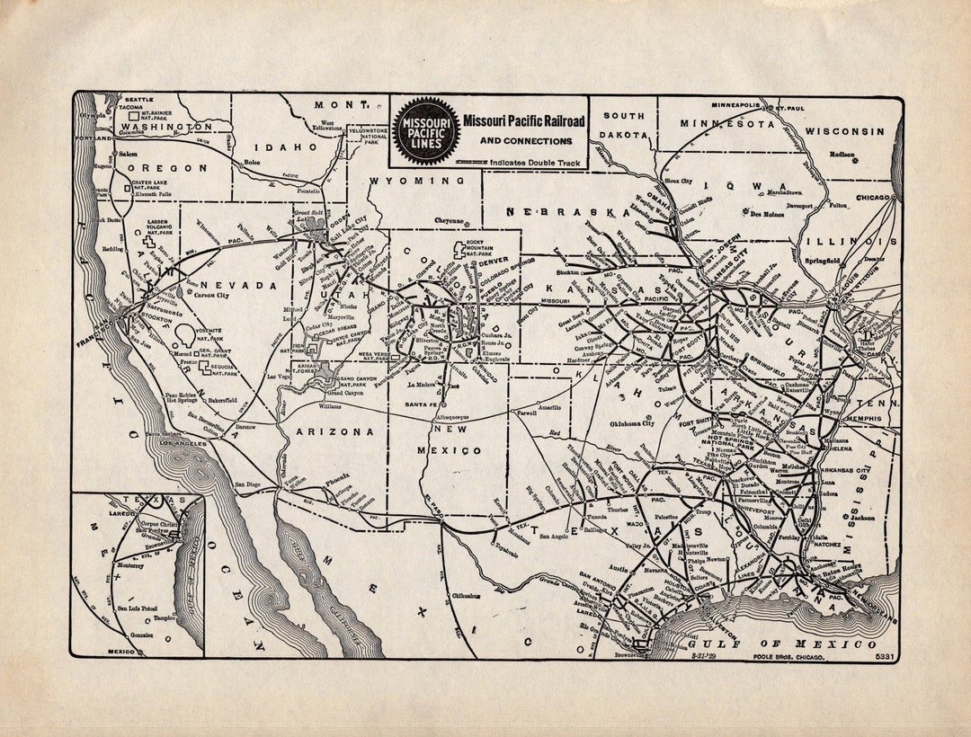 1929 Antique MISSOURI PACIFIC RAILROAD Map Vintage Railway Map Birthday ...