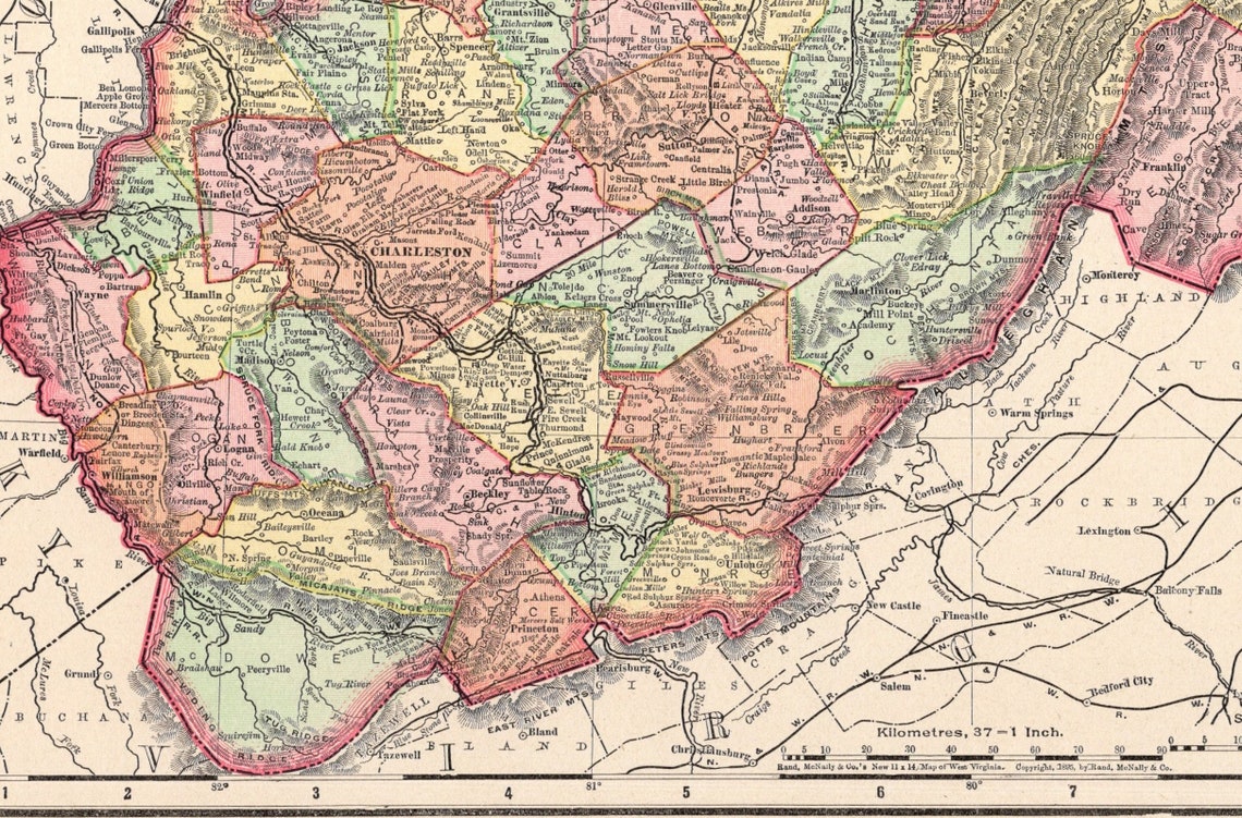 1895 Antique WEST VIRGINIA State Map Vintage Map of West - Etsy