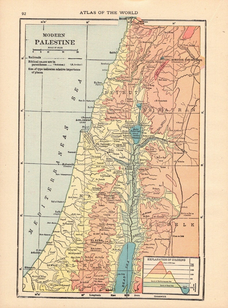 1917 Antique Palestine Map Jerusalem Map Library Decor Gift - Etsy ...