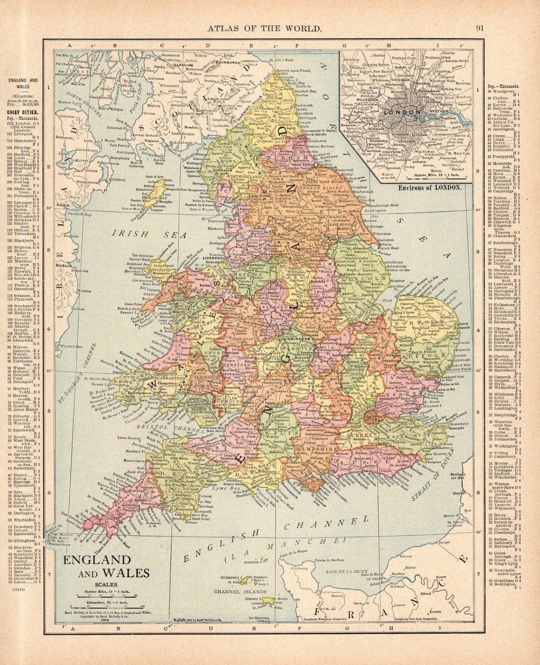 1914 Antique England and Wales Map Vintage Map of England Wales Wall ...