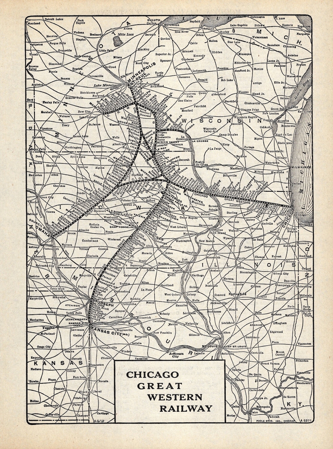 1942 Antique Chicago Great Western Railway Map Vintage Railroad Map ...