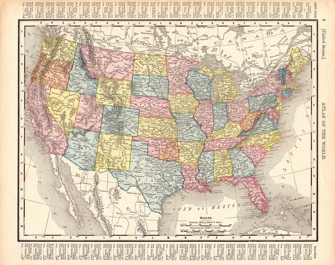 1895 Antique UNITED STATES Map of the United States Usa Map | Etsy