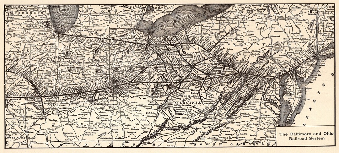 1914 Antique B & O RAILROAD Map Baltimore and Ohio Railway Map Black ...