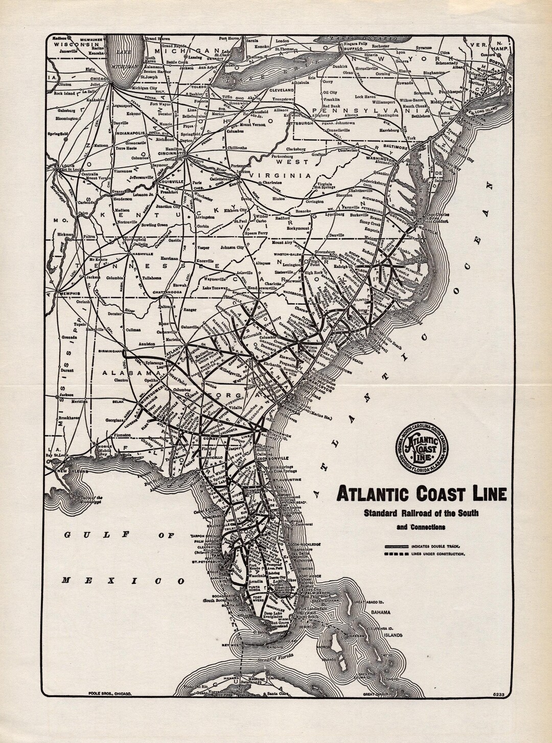 1933 Antique Atlantic Coast Line Railroad Map Railway System Map Wall ...